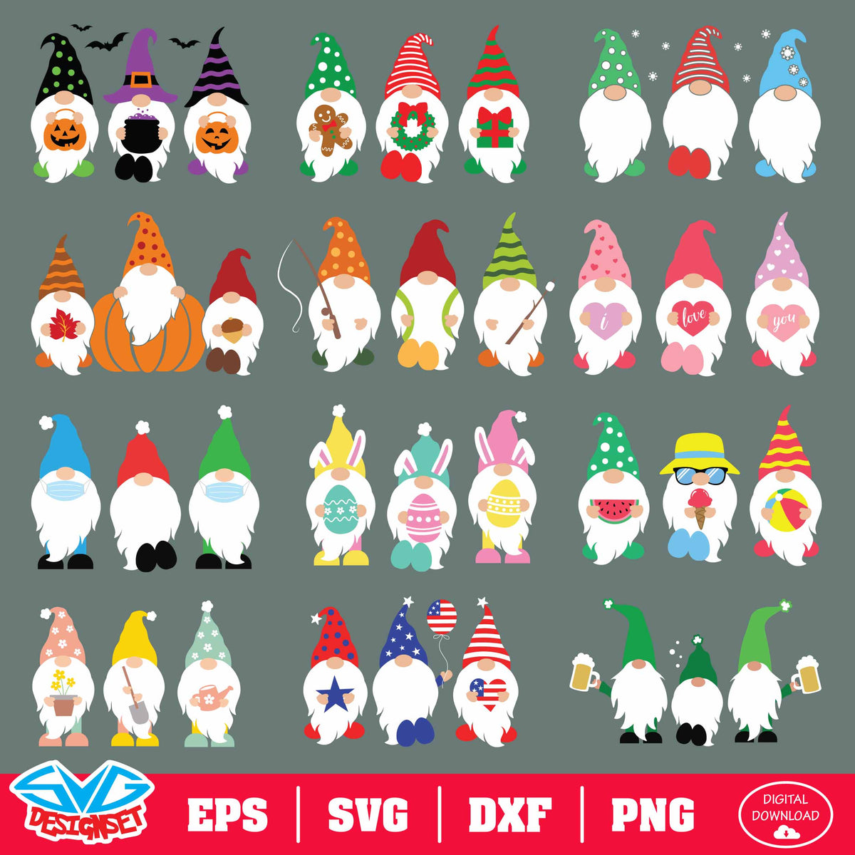 Ultimate Holidays Gnomes Big Bundle Svg, Dxf, Eps, Png, Clipart, Silho