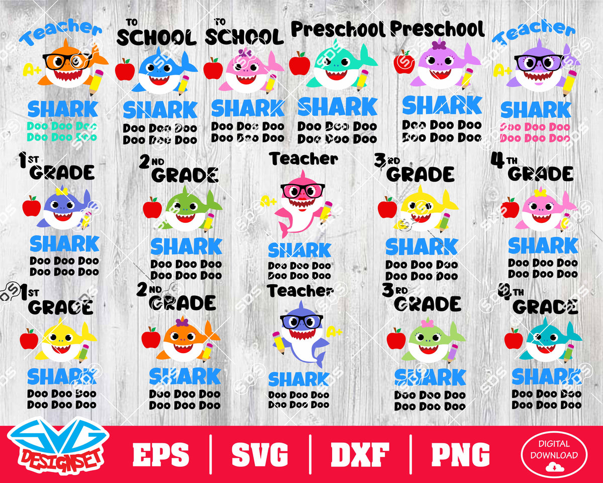 School Shark Bundle Svg, Dxf, Eps, Png, Clipart, Silhouette and Cutfil
