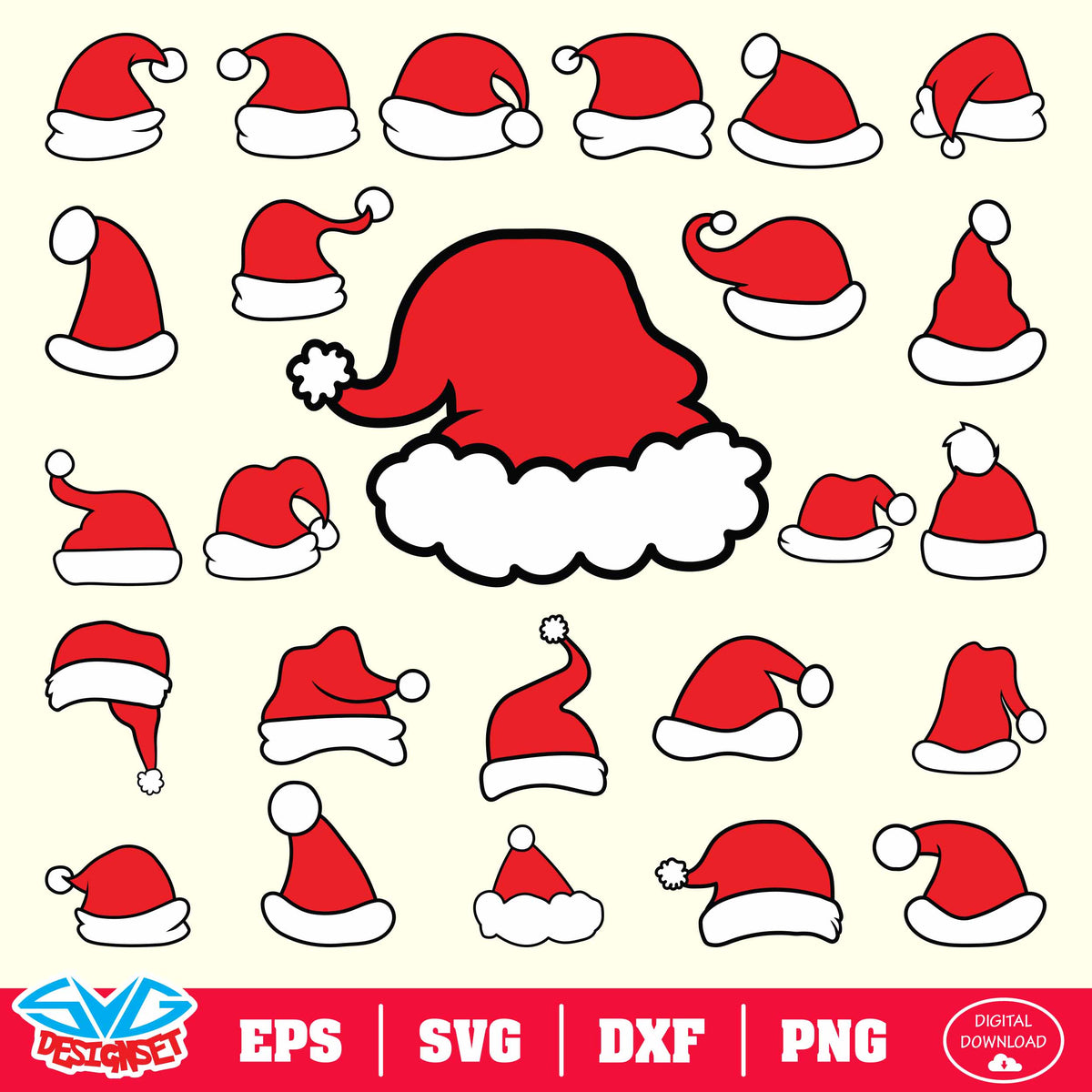 Santa Hats Bundle Svg, Dxf, Eps, Png, Clipart, Silhouette and Cutfiles